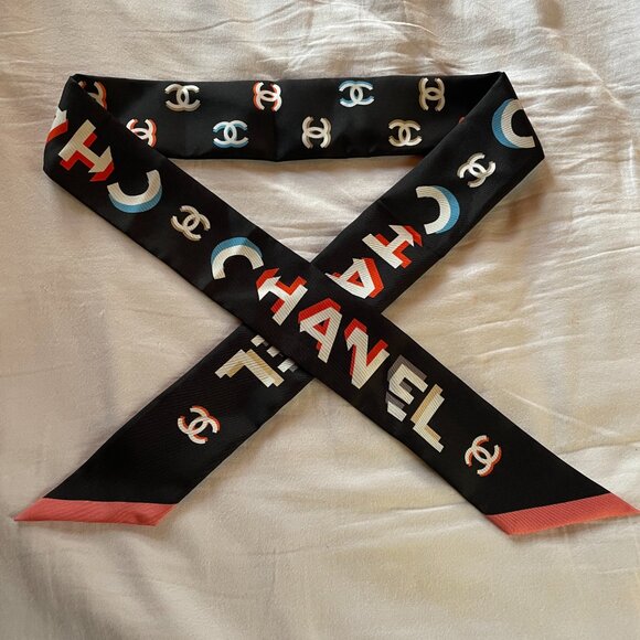 CHANEL | Accessories | Chanel Logo Cc Silk Twill Slim Bandeau Scarf ...